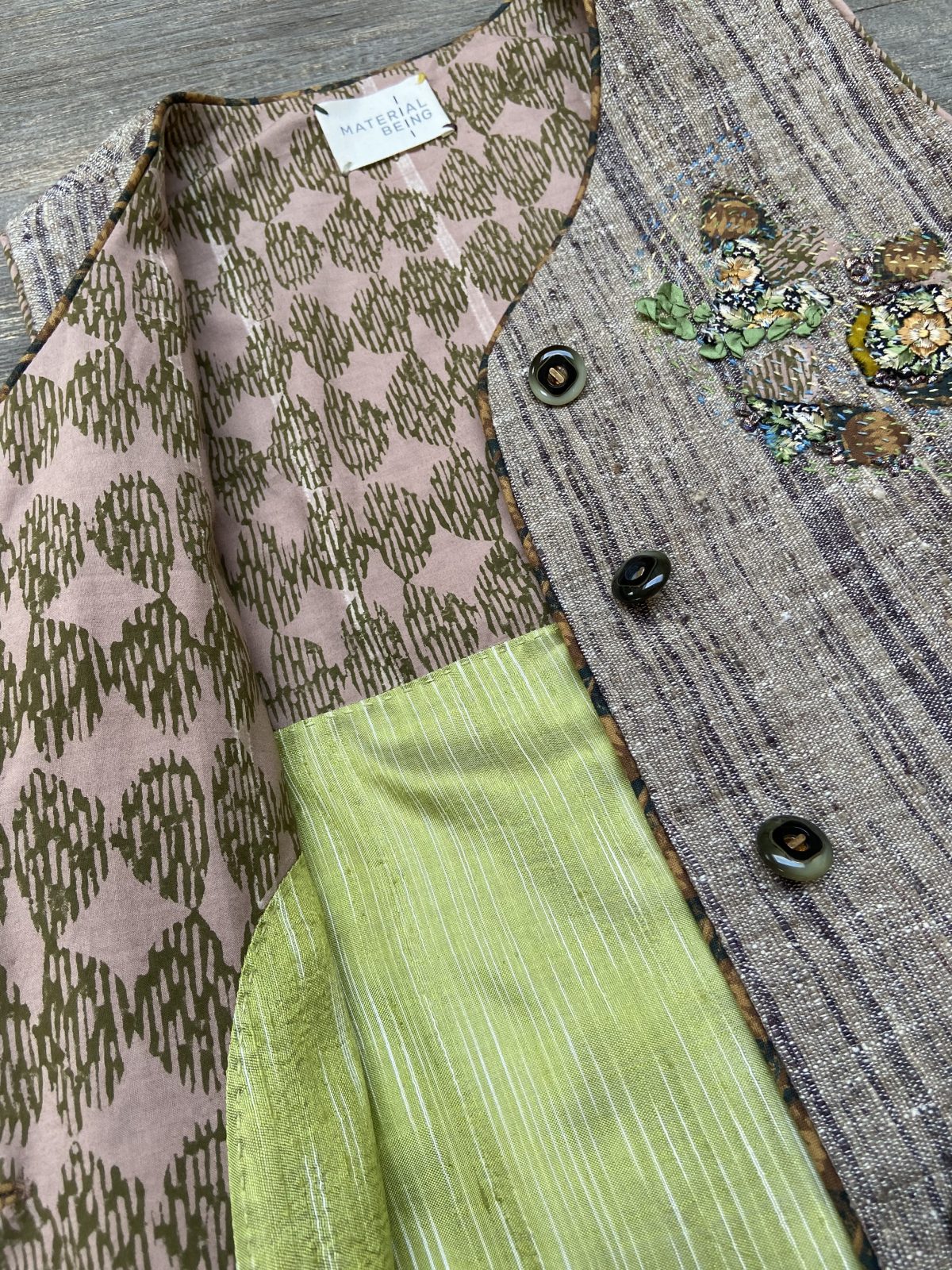 …long khadi linen/silk waistcoat with appliqué detail - Material Being